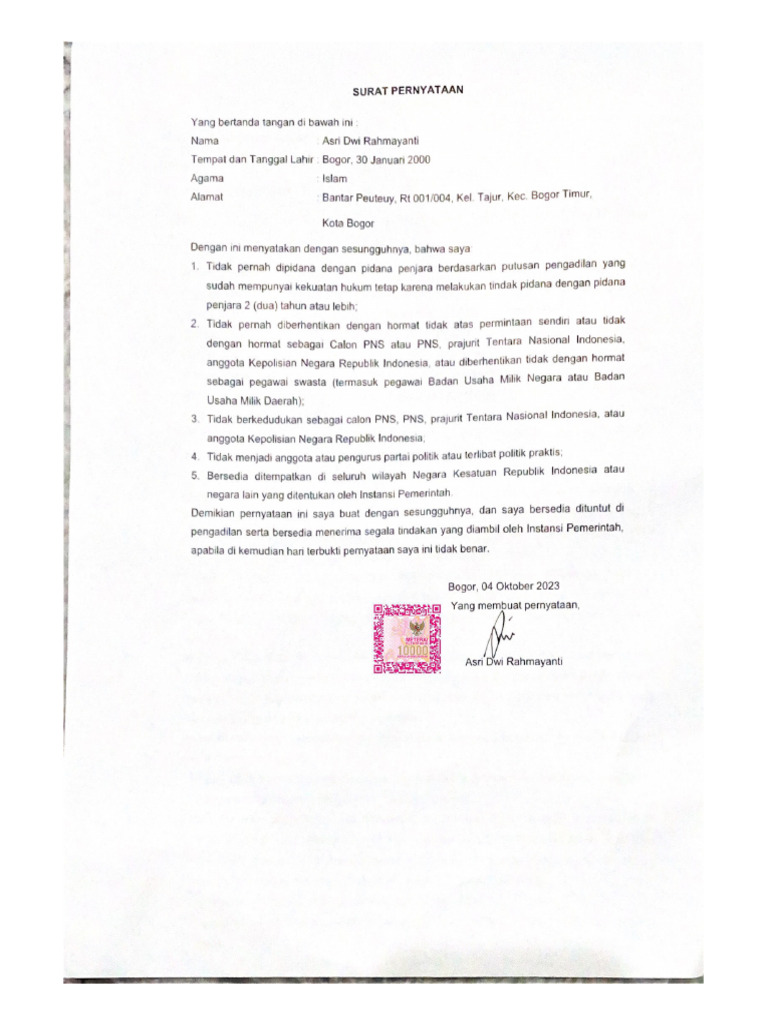 Surat Pernyataan (E-Materai) | PDF