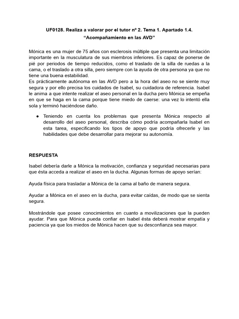 UF0128. Realiza A Valorar Por El Tutor #2. Tema 1. Apartado 1.4. "Acompañamiento en Las AVD" | PDF
