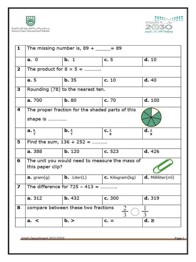 Nafes - Exam-English - Form (1) Grade 3-New | PDF | Litre | Kilogram