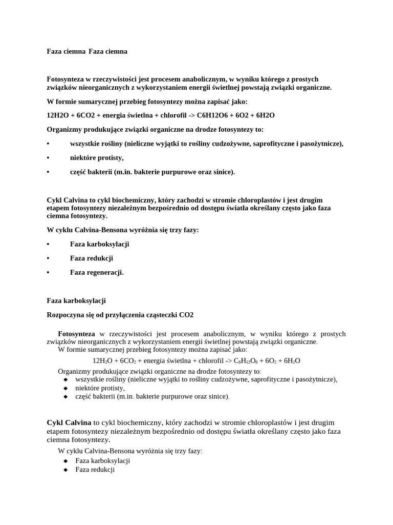Ciemna Faza Fotosyntezy | PDF