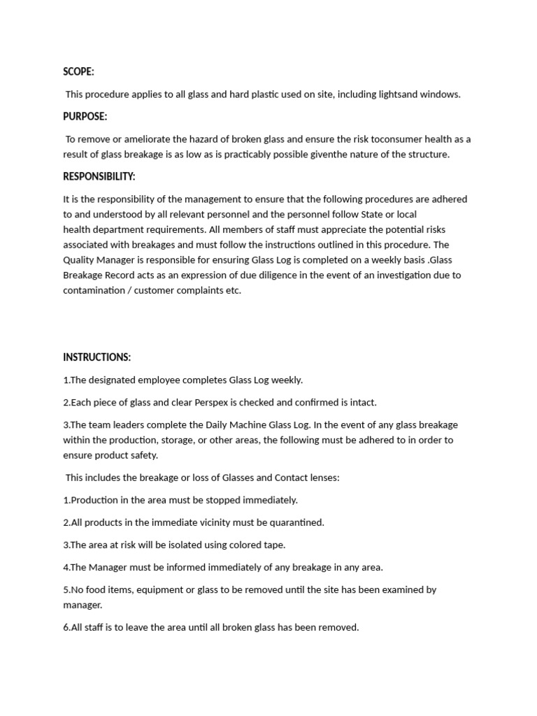 Glass Breakage Safety Procedures | PDF
