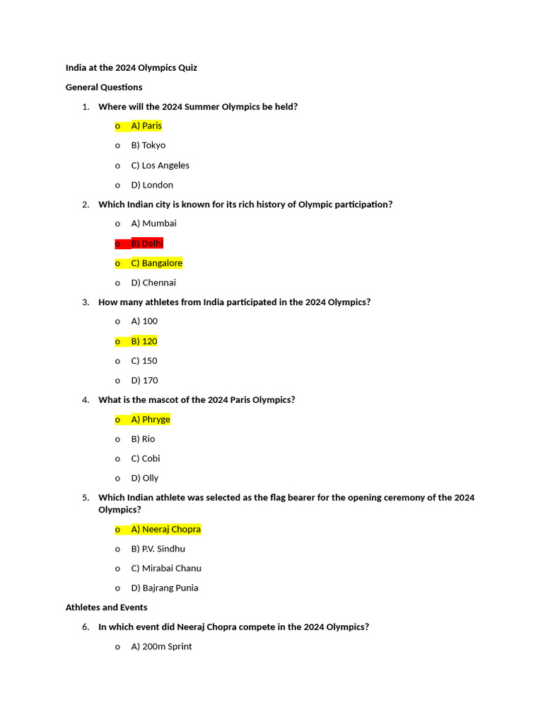 India’s 2024 Olympics Quiz Questions | PDF | Summer Olympic Games | Sports
