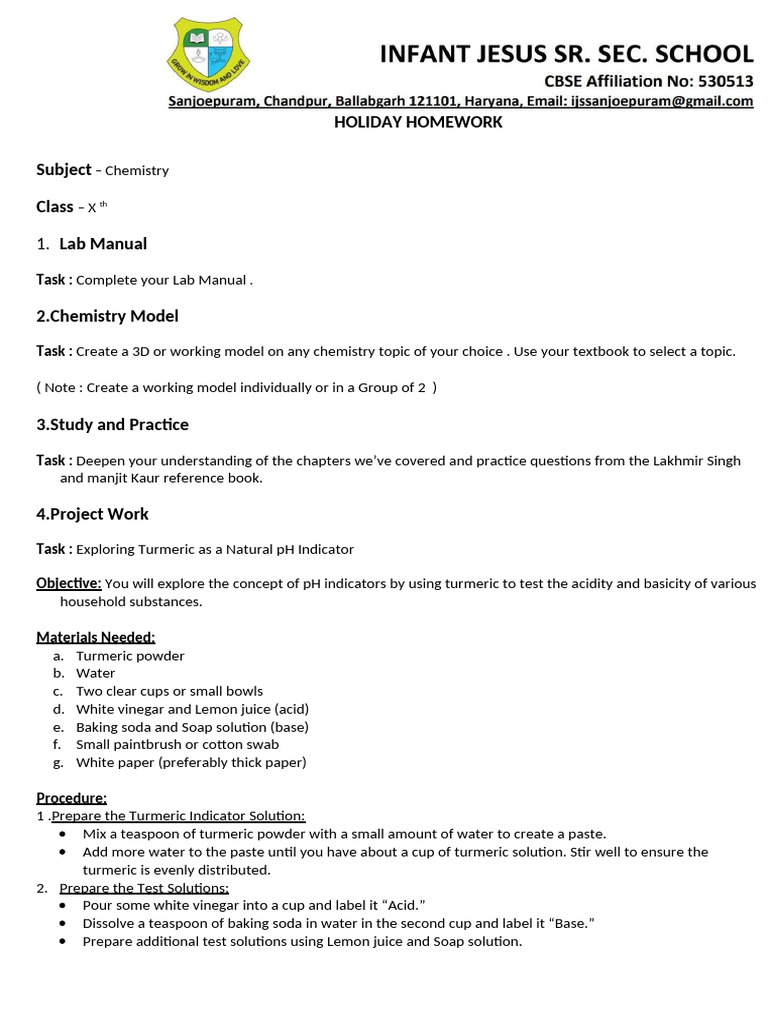 Chemistry Holiday Homework (Class - 10) | PDF | Ph | Sodium Bicarbonate