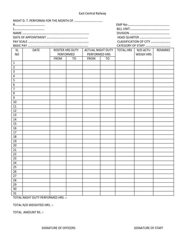 Railway Night Duty Allowance Form | PDF
