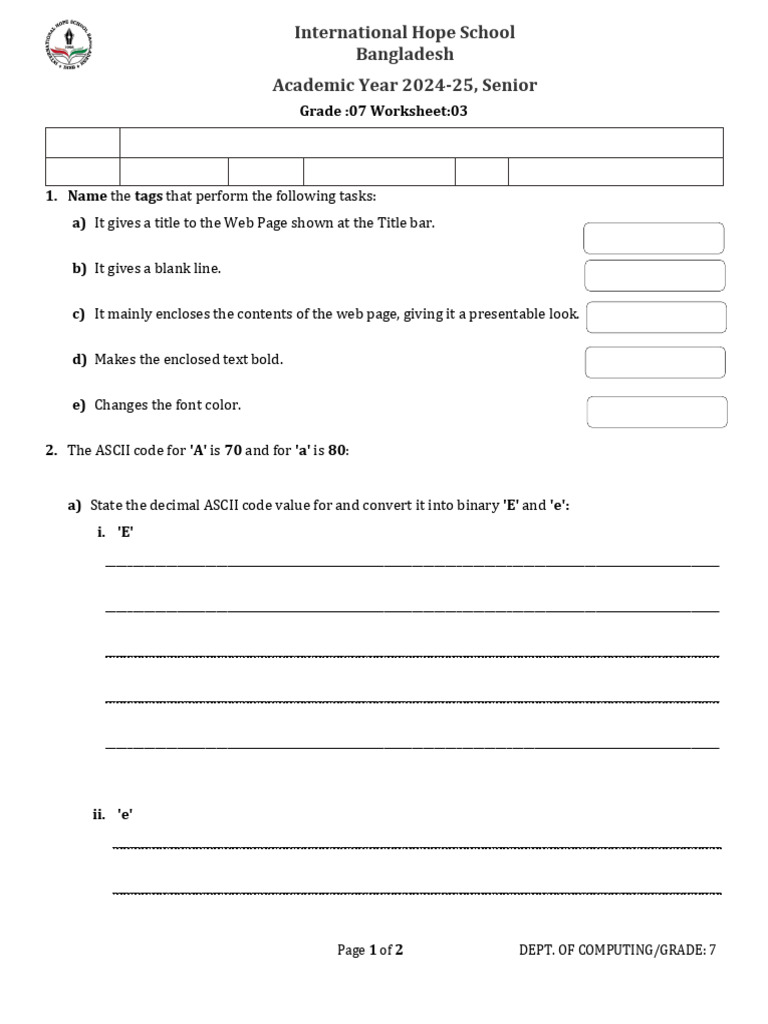 Grade 7 ASCII and Volume Worksheet | PDF | Ascii | Computer Data
