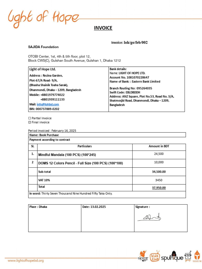 Sajida Foundation Invoice Details | PDF