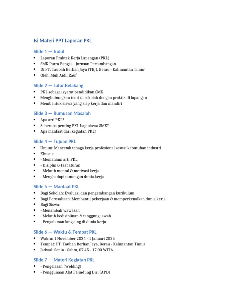 Isi PPT Laporan PKL | PDF