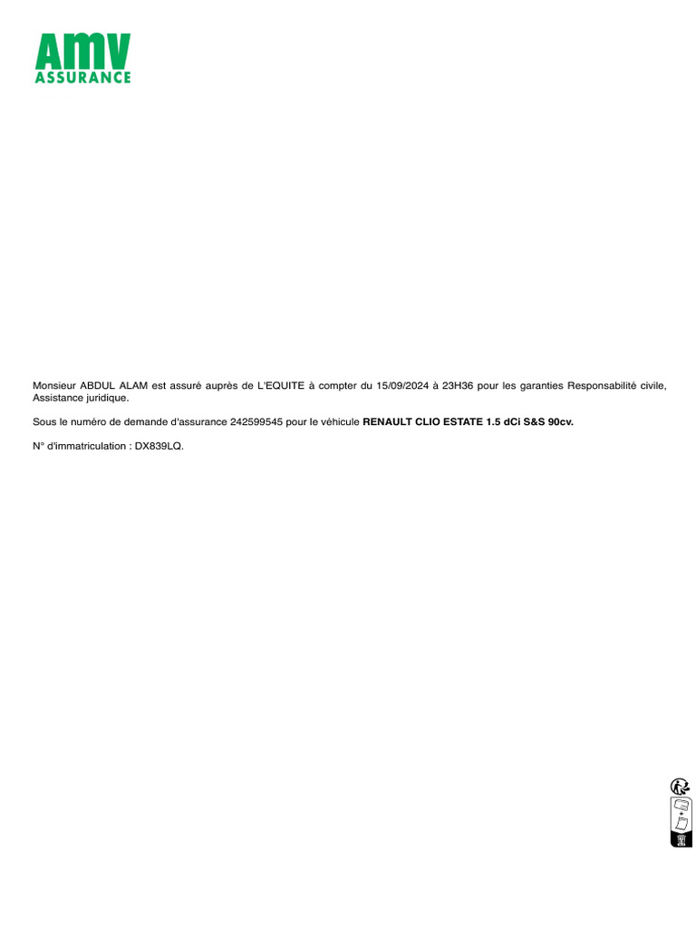 Attestation d'assurance véhicule AMV | PDF