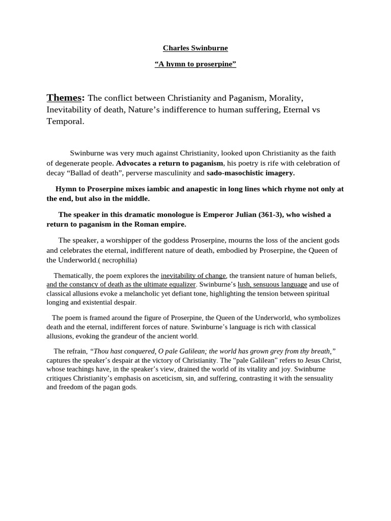 Swinburne's Hymn to Proserpine: Paganism vs. Christianity | PDF