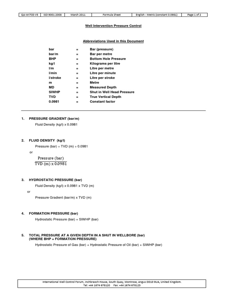 Well Intervention Pressure Control Formula | PDF | Pressure ...