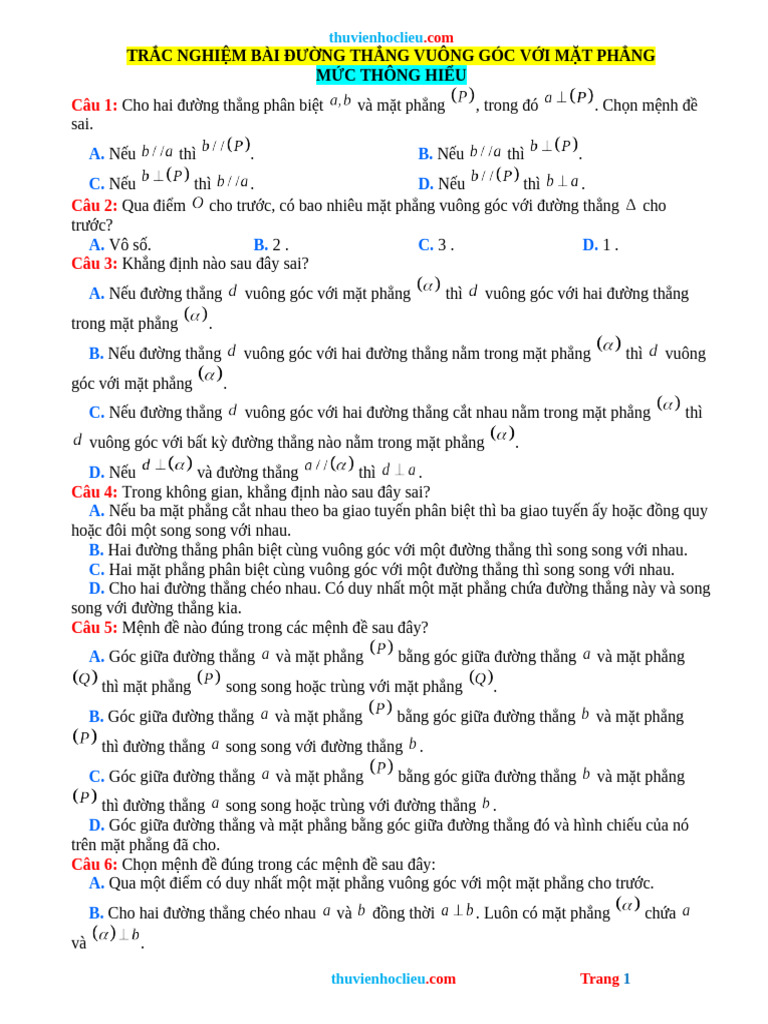 Trac Nghiem Bai Duong Thang Vuong Goc Voi Mat Phang Muc Thong Hieu Hay | PDF