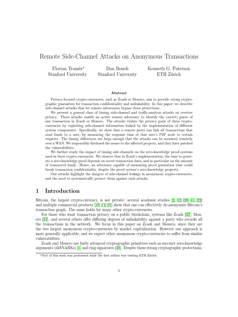 Remote Side-Channel Attacks On Anonymous Transactions | PDF | Peer To ...