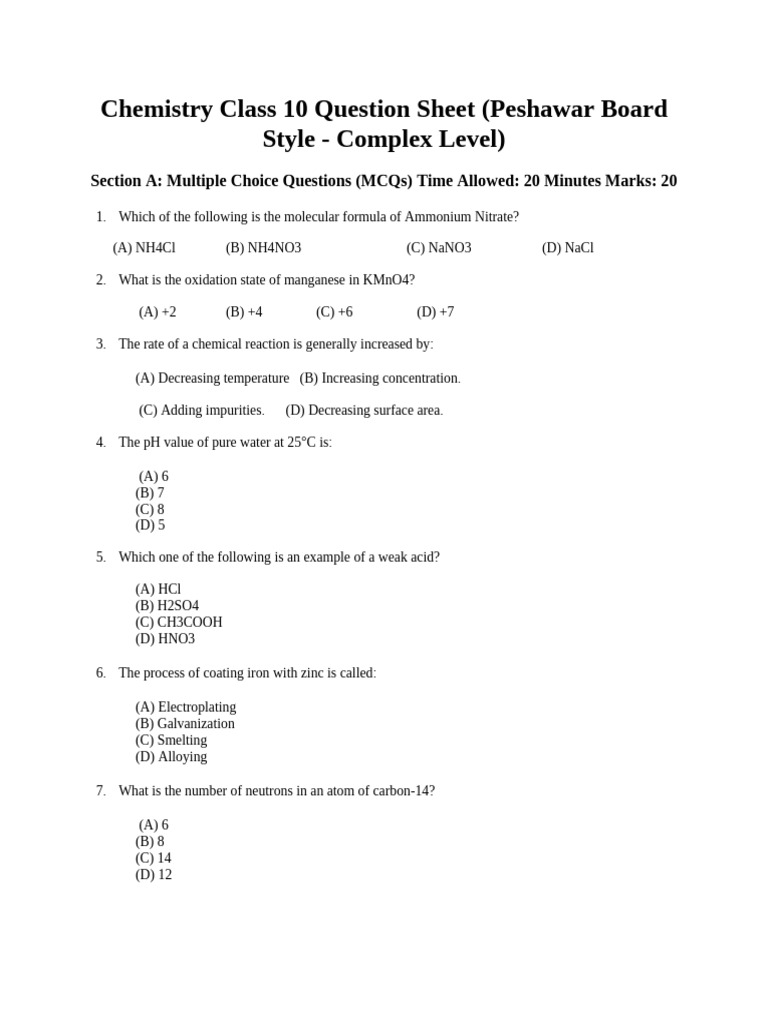Chemistry Class 10 Question Sheet sid | PDF | Solubility | Chemical ...