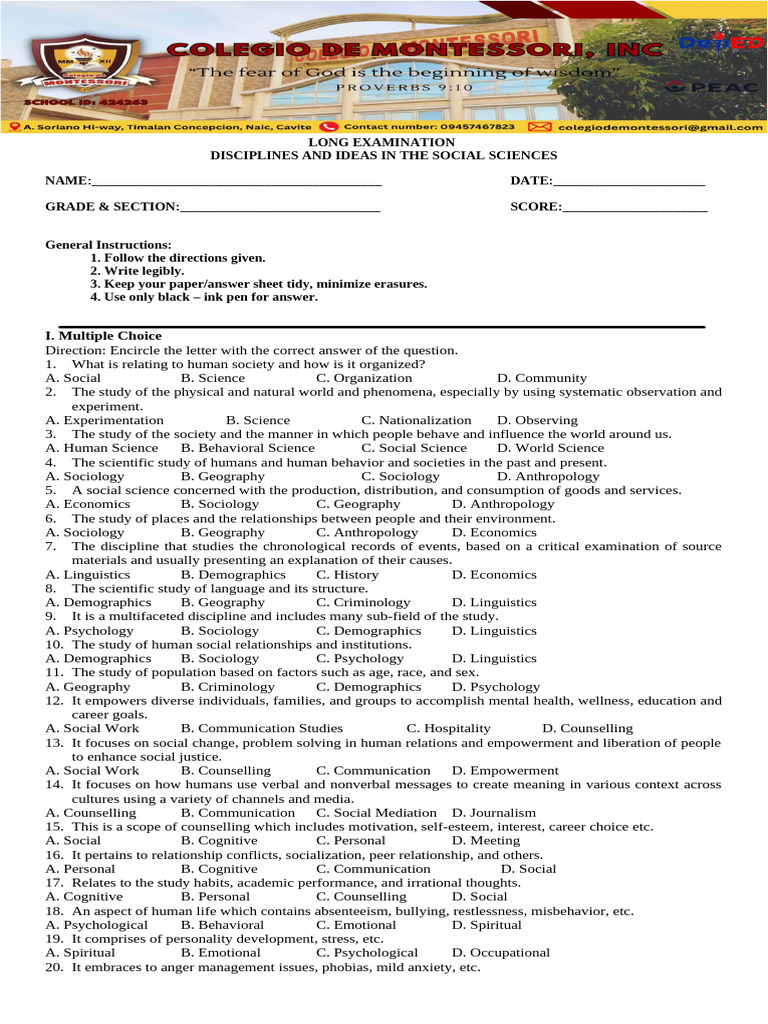 DISS-HUMSS 11B-Long Exam-1st Quarter of 2nd Sem | PDF | Science ...