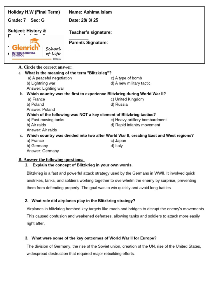 Blitzkrieg & Results of WW2 WS | PDF