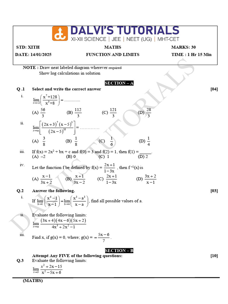 XITH MATHS THEORY - FUNCTIONS AND LIMITS - 30 MARKS | PDF | Elementary Mathematics | Discrete ...