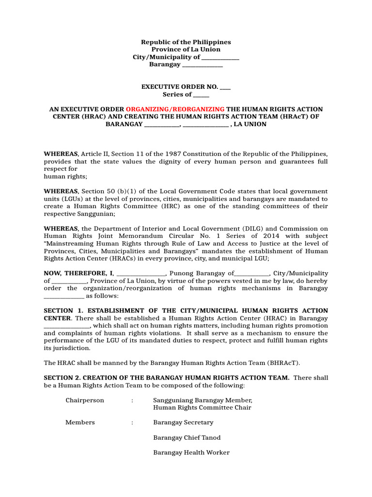 Draft EO Barangay HRAC | PDF | Human Rights | Governance