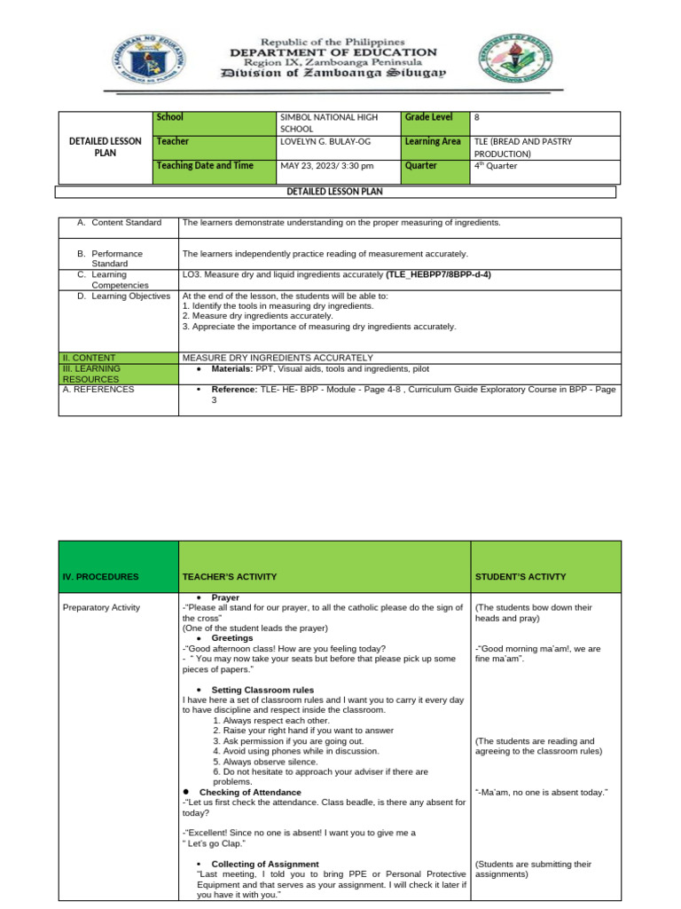 Lesson Plan for Measuring Dry Ingredients | PDF | Baking | Spoon
