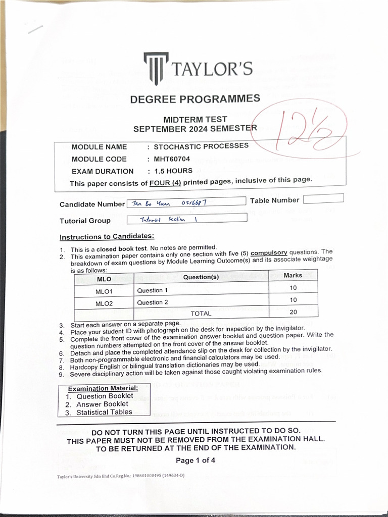 Taylor University Stochastic Process Midterm | PDF