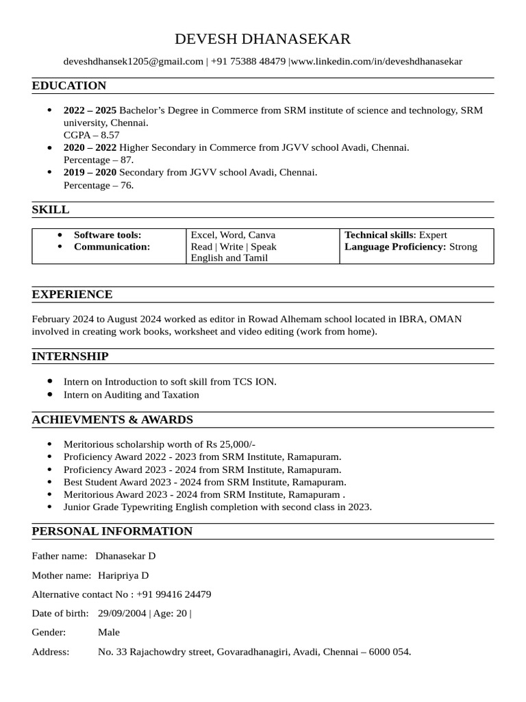 DEVESH DHANASEKAR Resume On Preparation | PDF