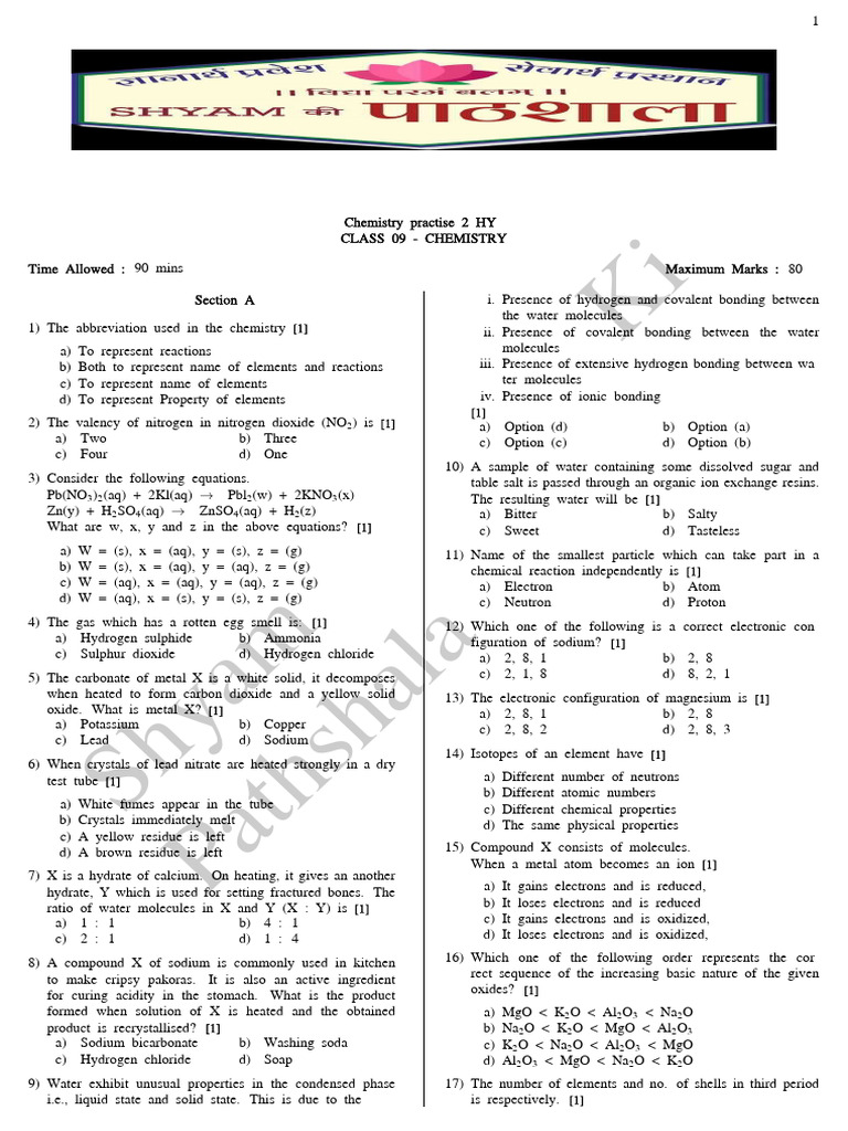 Class 9 Chemistry Practice Questions | PDF | Oxide | Chemical Bond