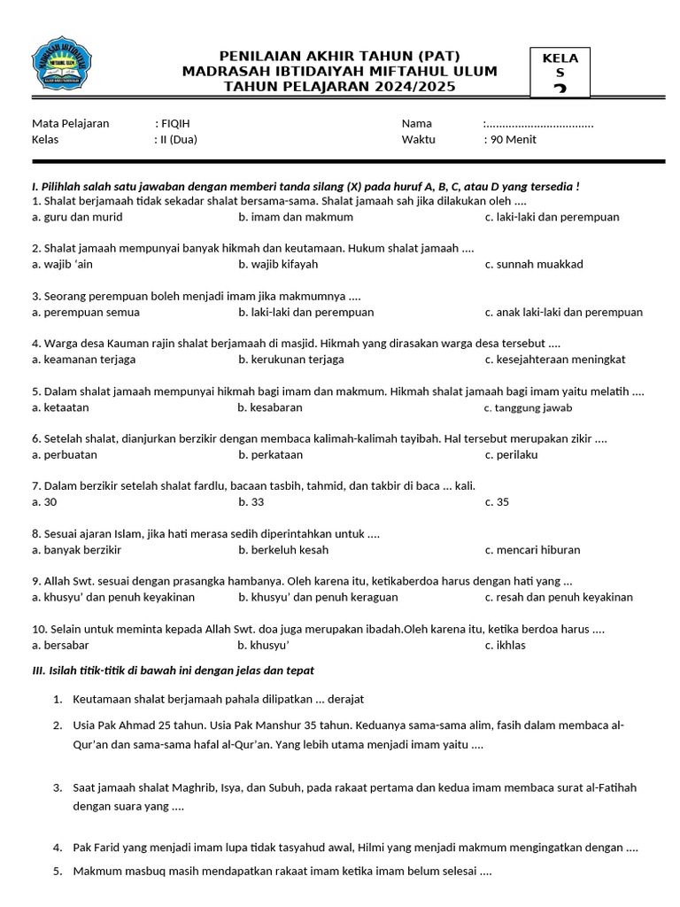 Soal Pat Fiqih Kelas 2 | PDF