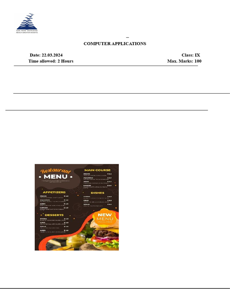 Grade 9 Computer Application Final Exam Question Paper 2023-24 | PDF ...