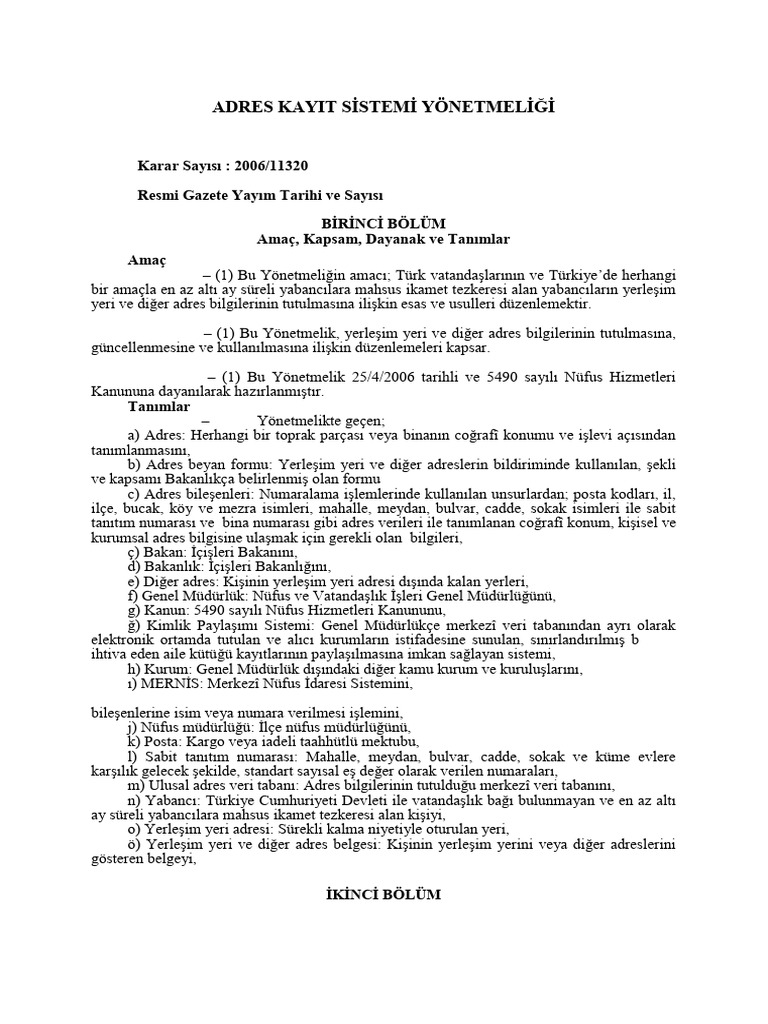 ADRES KAYIT SİSTEMİ YÖNETMELİĞİ | PDF