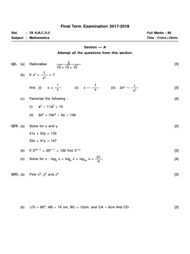 Icse Class 9 Mathematics 2018 | PDF