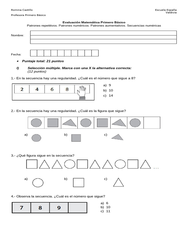 Evaluación Prueba de Patrones y Secuencias | PDF