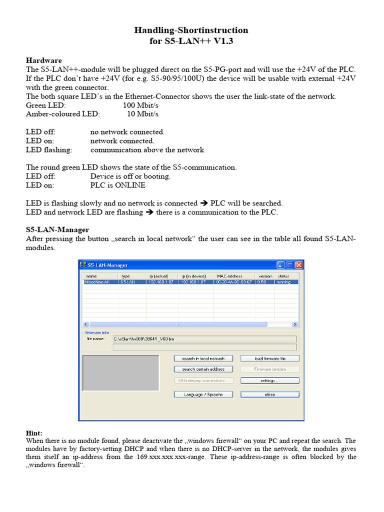 S5-LAN++ Short Instruction | PDF | Ip Address | Data Transmission