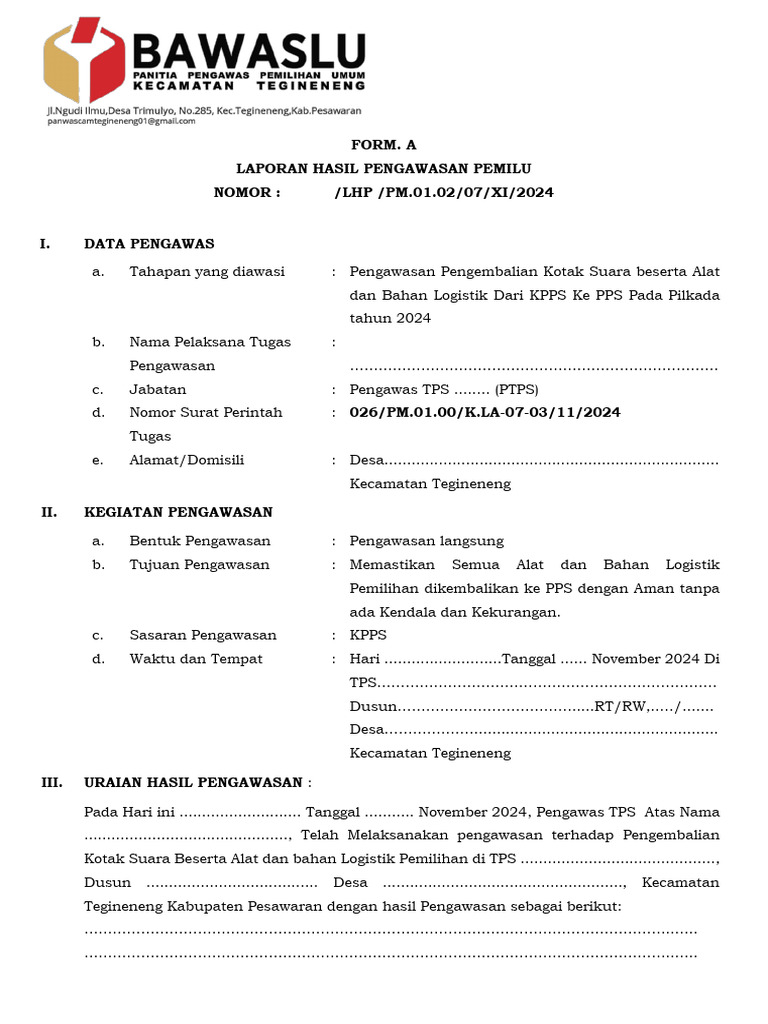 Form - A Pengawasan PTPS Pengembalian Logistik | PDF