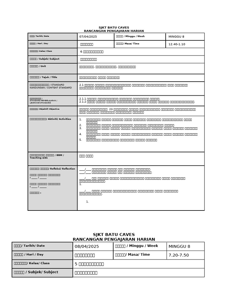 Sjkt Batu Caves Rancangan Pengajaran Harian Pdf