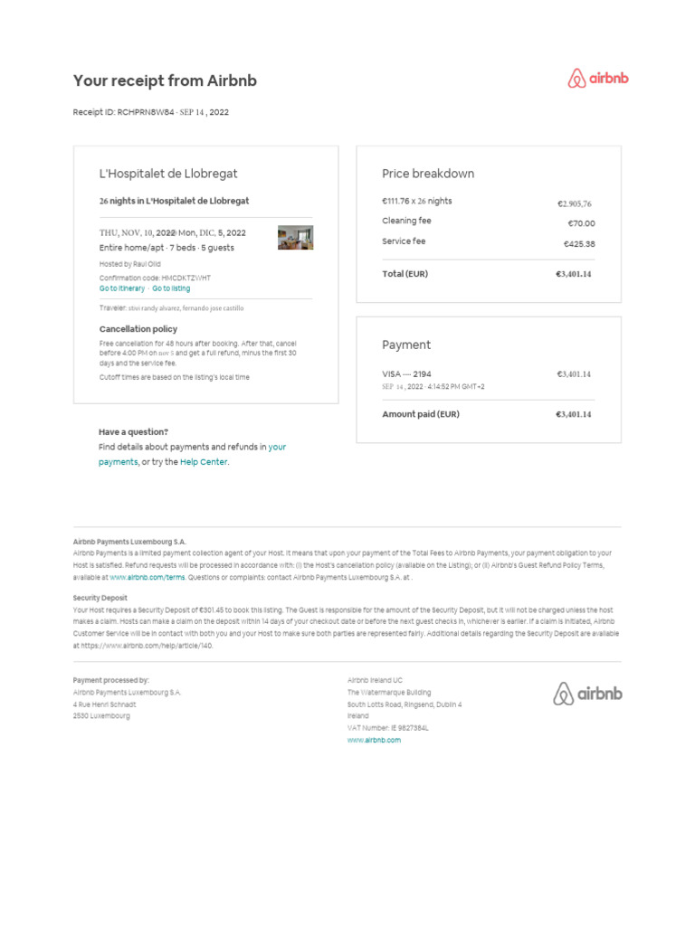Recibo de viaje en Airbnb RCHPRN8W84 (1) | PDF | Service Industries | Services (Economics)