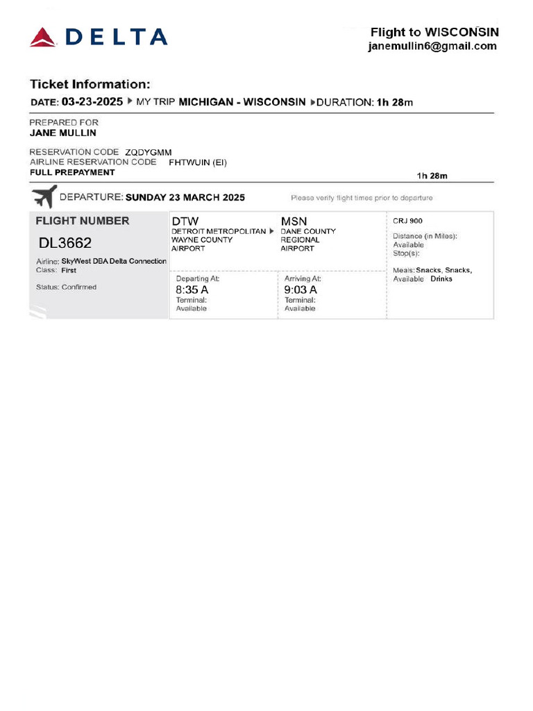 Delta Airlines Return Ticket - Jane Mullin | PDF
