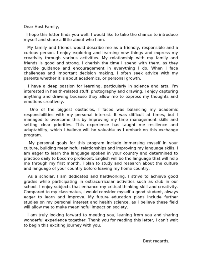 Introduction Letter to Host Family | PDF