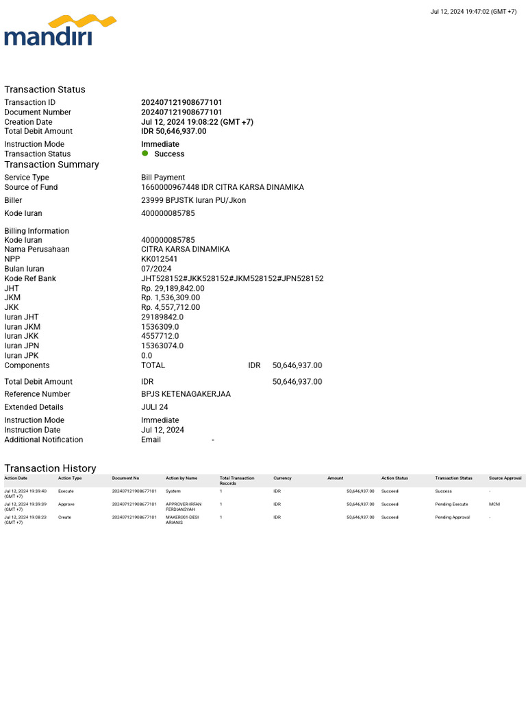 BPJS Ketenagakerjaan Payment Summary | PDF | Payments | Banking Technology