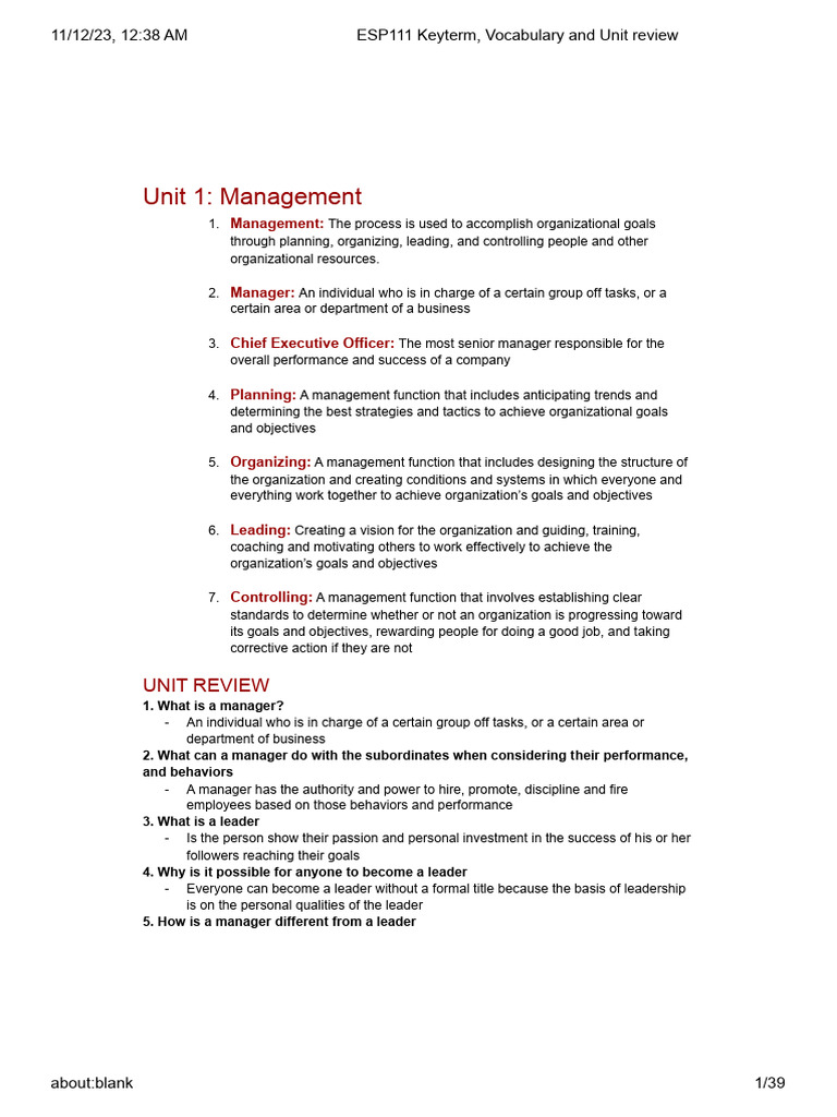 ESP111 Keyterm, Vocabulary and Unit Review | PDF | Motivation ...