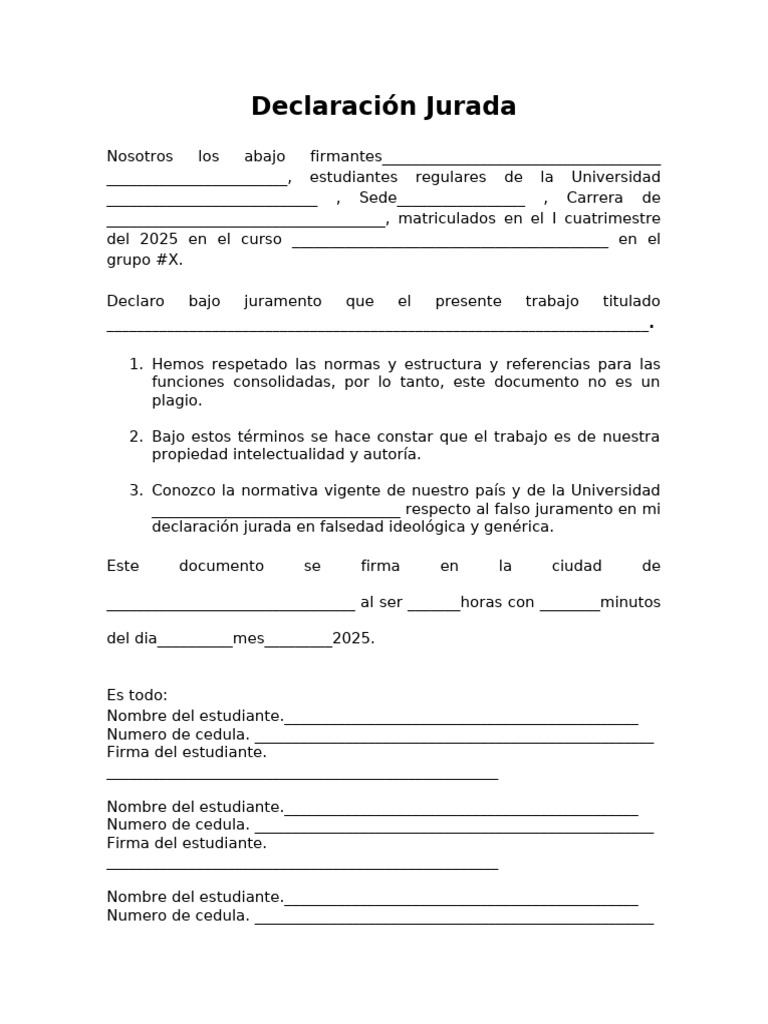 Machote de Declaración Jurada Estudiantil | PDF