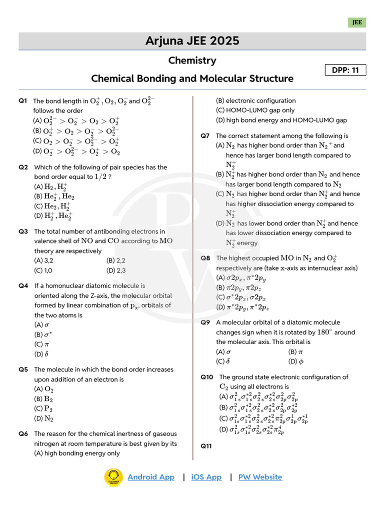 Chemical Bonding and Molecular Structure - DPP 11 (Of Lec 16) - Arjuna JEE 2025 | PDF ...