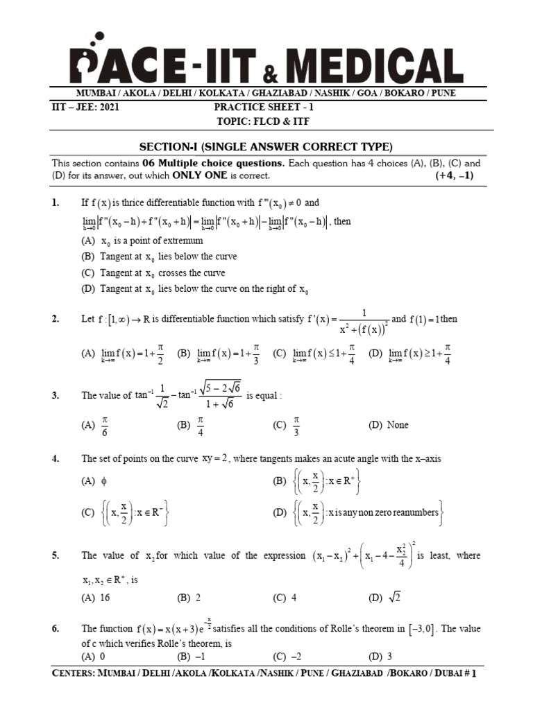 Section-I (Single Answer Correct Type) : IIT - JEE: 2021 Practice Sheet - 1 Topic: FLCD & Itf ...