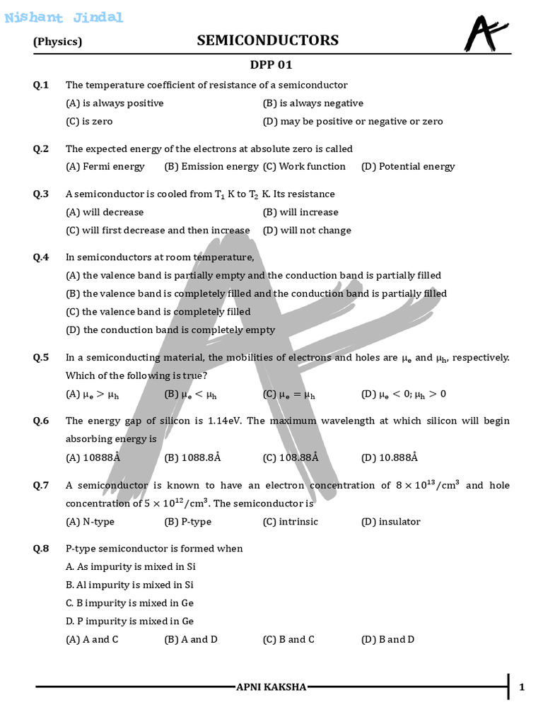 DPP - 01 - Semiconductors NJ - 247 | PDF | Semiconductors | Electrical Resistivity And Conductivity