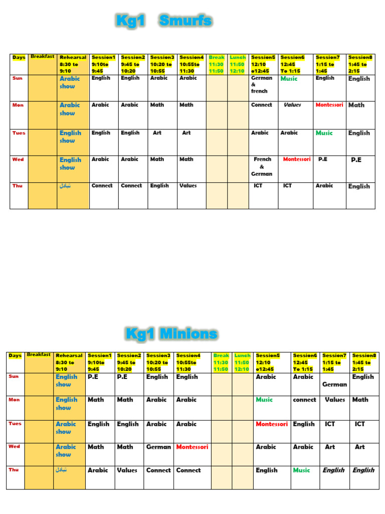 Weekly Class Schedule for KG1 & KG2 | PDF