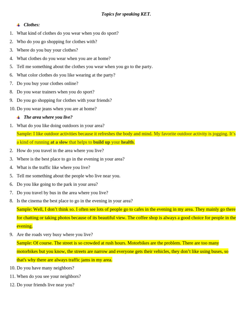 Topics For Speaking KET | PDF