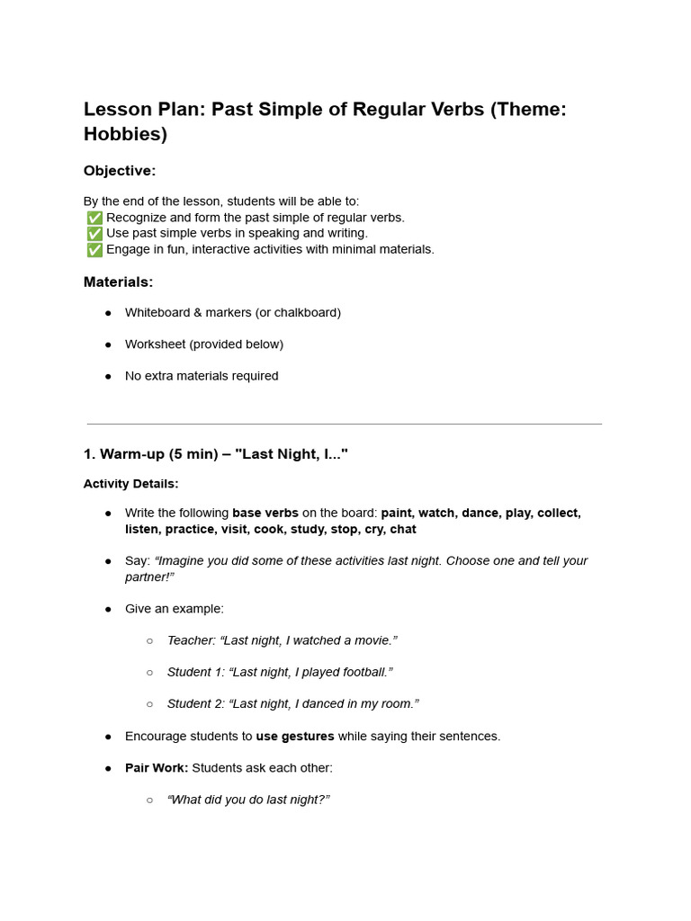 Lesson Plan - Past Simple of Regular Verbs (Theme - Hobbies) | PDF ...