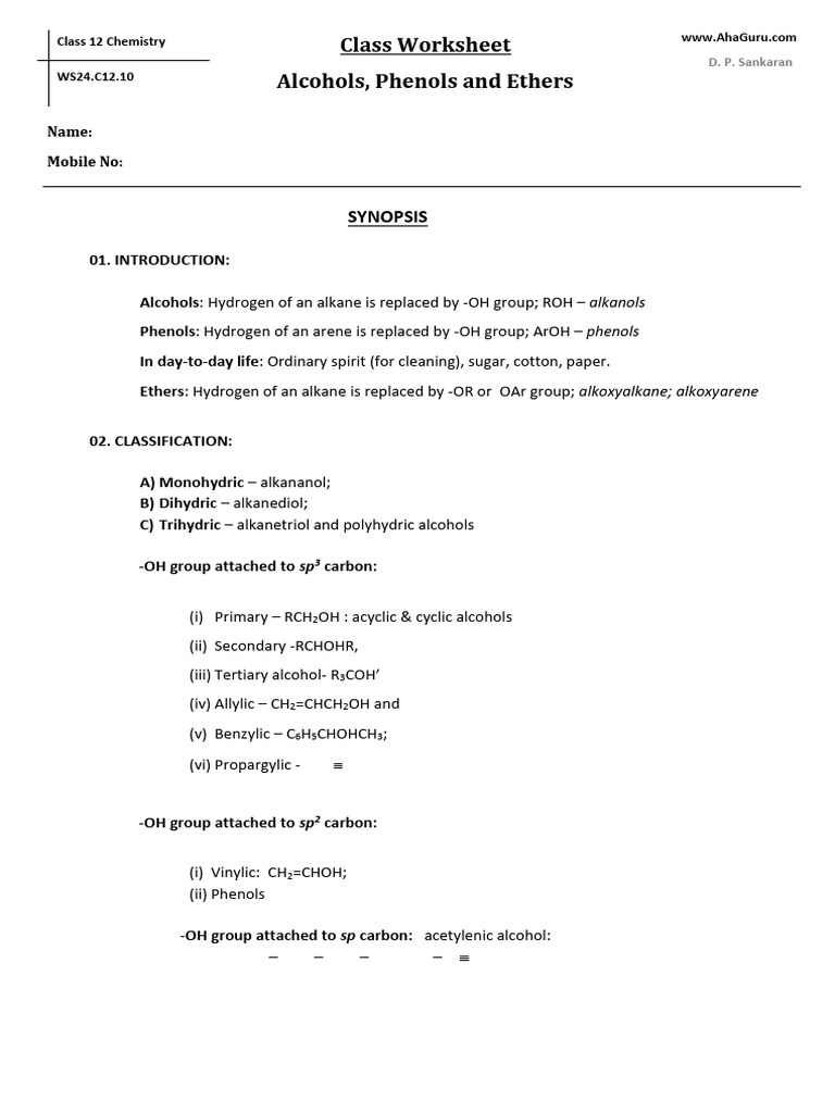 Irj2T WS24.C12.10 Worksheet On Alcohols, Phenols and Ethers-Synopsis ...