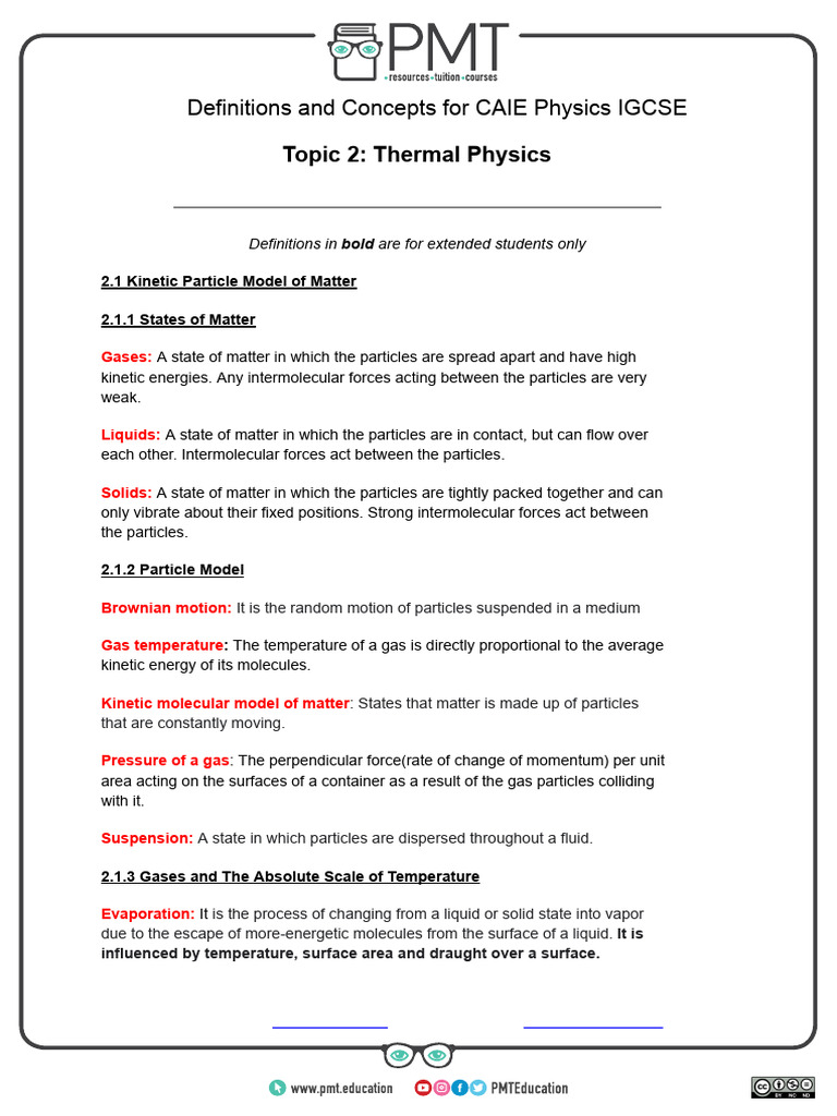 Definitions - Topic 2 Thermal Physics - CAIE Physics IGCSE | PDF | Temperature | Gases