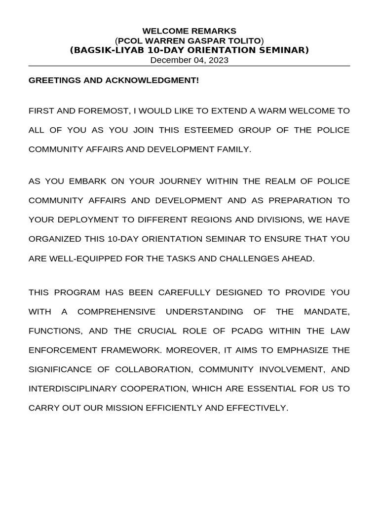 Welcome Remarks 10 DAY ORIENTATION SEMINAR | PDF