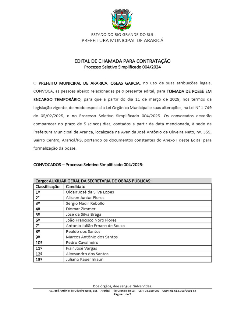 Edital PSS 04 2025 - Cargos Gerais - Chamada | PDF | Brasil