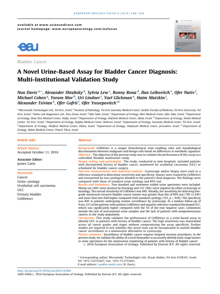 A Novel Urine Based Assay For Bladder Cancer Diagn | PDF | Sensitivity And Specificity ...
